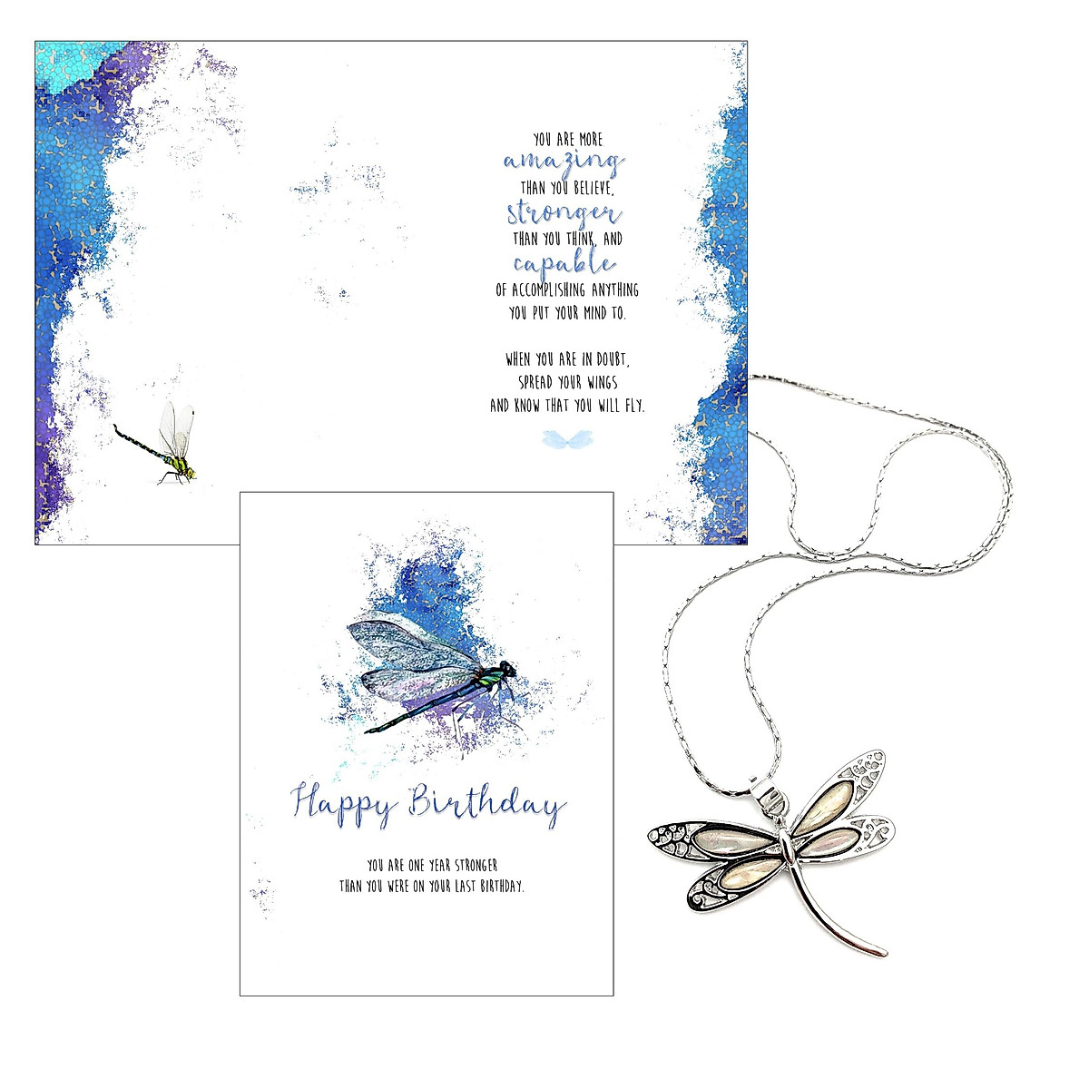 Smiling Wisdom - Happy Birthday Greeting Card Dragonfly Necklace Gift Set - Teen Women (White Abalone Dragonfly)