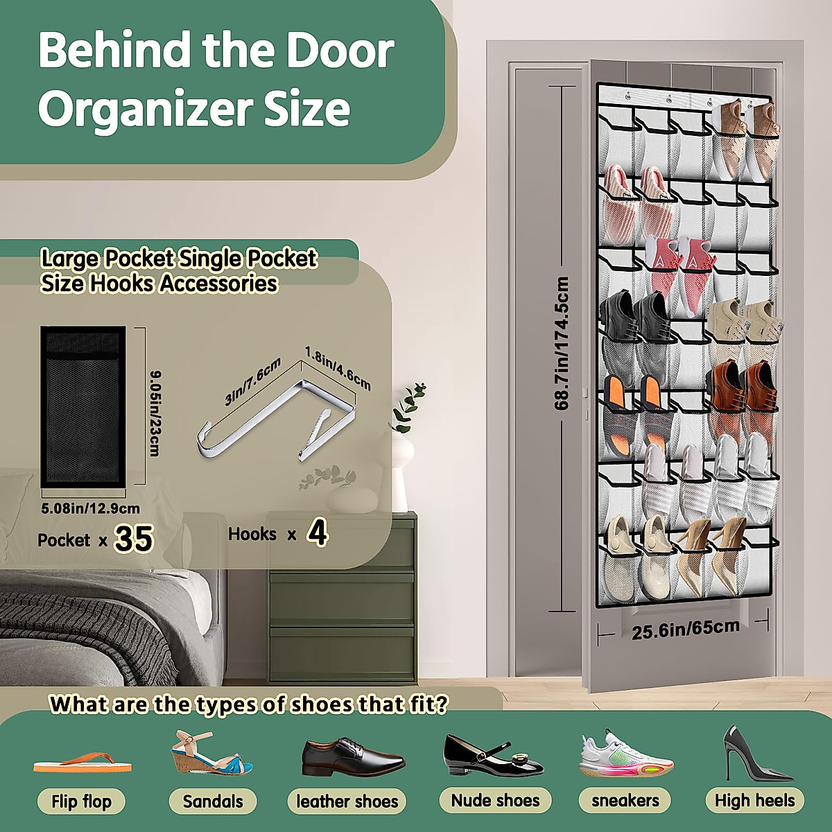 PAULONE 35 Pocket Over the Door Shoe Organizer,Reusable Breathable Large Mesh Bag Men's & Women's Sneaker Organizer,Shoe Organizer for Kids,Hanging Shoe Storage Hanging Bag (White)