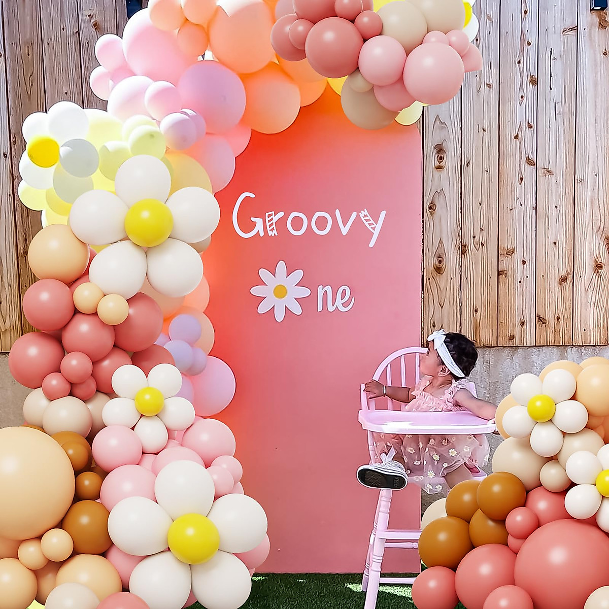 RUBFAC Pink Balloon Arch Kit, 147pcs Boho Blush Daisy Balloons Retro Dusty Pink Nude Sand White Brown Balloon for Valentine's Day Baby Shower Birthday Wedding Retro Hippie Groovy Party Decorations