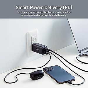 ELECOM 65W USB C Wall Charger Block, 3 Multi Port GaN II Plus Fast Charging, Compact Power Adapter for Multiple Devices, iPhone, Laptop, Tablet, iPad, Airpods, Watch, Speakers, Samsung (Black)