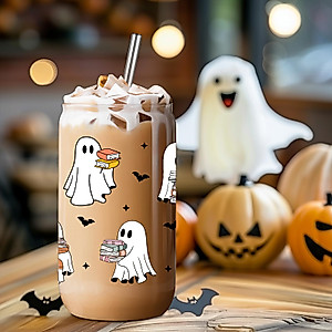 Fairy's Gift Ghost Reader Halloween Cup, Cute Halloween Spooky Gifts for Book Lovers, 16 oz Iced Coffee Cup with Lid Straw, Book Themed, Bookworm, Bookish Gifts for Women Book Lover Librarian