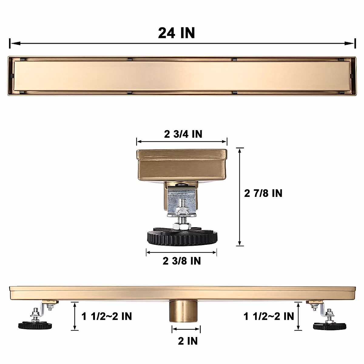 AVSIILE Linear Shower Floor Drain, Brushed Gold 24 Inch 304 Stainless Steel Bathroom Drains Kit, Rectangular Shower Trench Drain with Reversable Tile-in Pattern Drain Cover & Hair Catcher