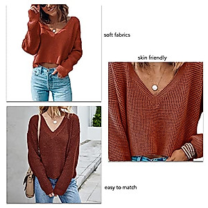 Women Knit Sweaters Tops Long Sleeve V Neck Knitwear Pure Color High Waist Short Loose Knitted Pullover for Autumn Winter(L-Brown)