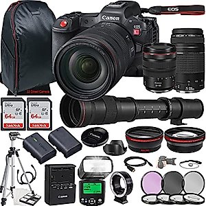 Canon EOS R5 C Mirrorless Cinema Camera w/RF 24-105mm f/4 L is USM Lens + EF 75-300mm f/4-5.6 III Lens + 420-800mm f/8.3 HD Lens + 2X 64GB Memory + Filters + TTL Flash + More (35pc Bundle)
