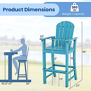 Tangkula Outdoor Tall Adirondack Chair 30 Inches Seat Height, HDPE Bar Height Patio Chair with High Backrest, Armrests and Footrest, Outdoor Bar Stool for Balcony Deck Garden Poolside (2, Turquoise)