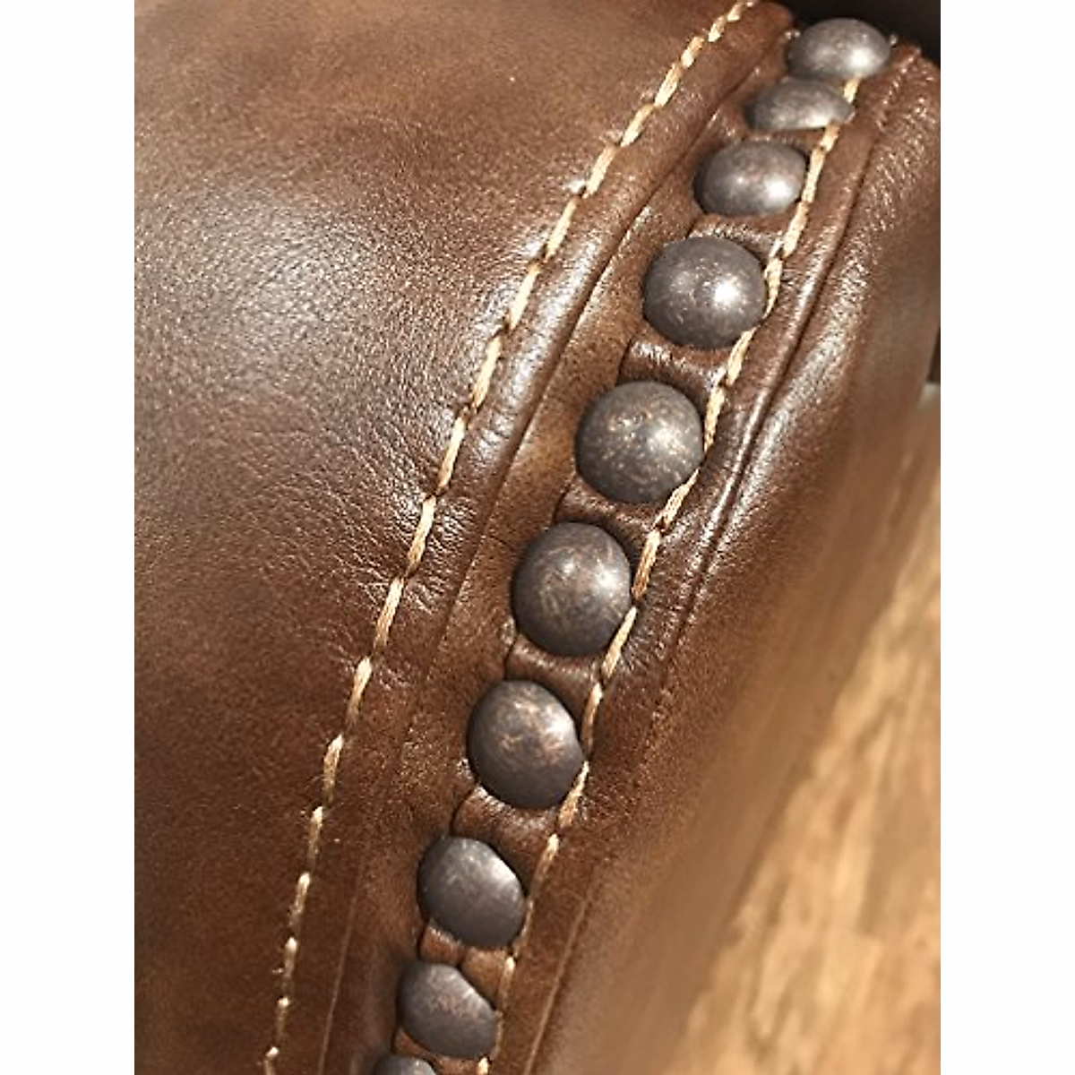 Roundhill Furniture Achern Brown Leather-Air Nailhead Manual Reclining Loveseat with Storage Console