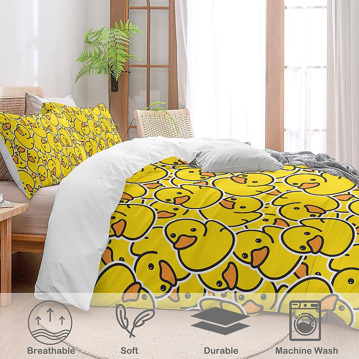 ARIGHTEX Duvet Cover Sets Yellow Rubber Duck Pattern Bedding Sets 3 Pieces Cute Comforter Cover Set Super Soft Bedspread for Kids Teens Adults (Queen)