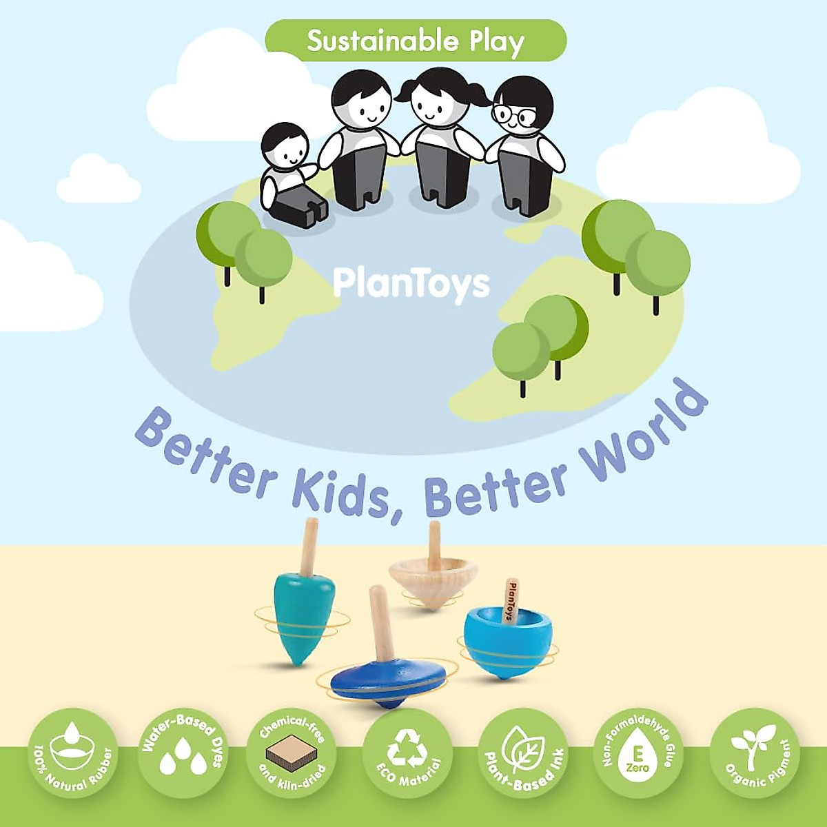 PlanToys Wooden Spinning Tops (4132) | Sustainably Made from Rubberwood and Non-Toxic Paints and Dyes | PlanMini Collection