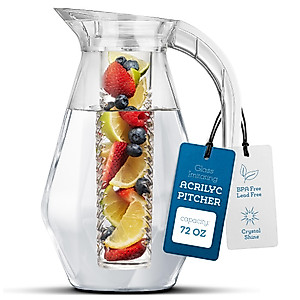 MosJos Acrylic Pitcher (72 oz), Clear Plastic, Water Pitcher with Lid, Shatterproof, BPA-Free Clear Pitcher, Ideal for Sangria, Lemonade, Juice, Iced Tea & More (Infuser- Acrylic Pitcher)