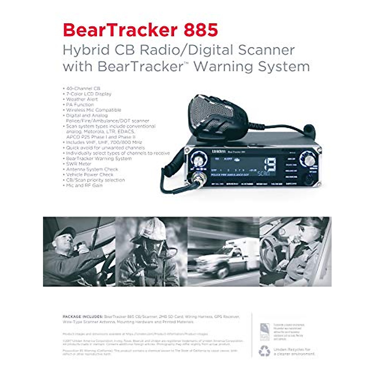 Uniden BEARTRACKER 885 Hybrid Full-Featured CB Radio + Digital TrunkTracking Police/Fire/Ambulance/DOT Scanner w/ BearTracker Warning System Alerts, 40-channel CB, 4-Watts power, 7-color display.