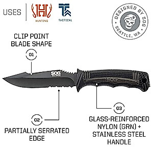 SOG Seal Strike Fixed Blade Knife with Sheath- Tactical and Hunting Knife with 4.9 Inch Partially Serrated Bowie Knife Blade and Survival Knife Line Cutter (SS1003-CP)