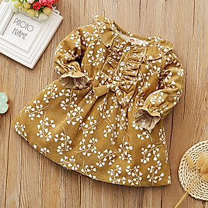 Newborn Baby Girl Fall Winter Corduroy Dress Ruffle Long Sleeve Floral Dresses Infant Flower Clothes (Brown, 0-3 Months)