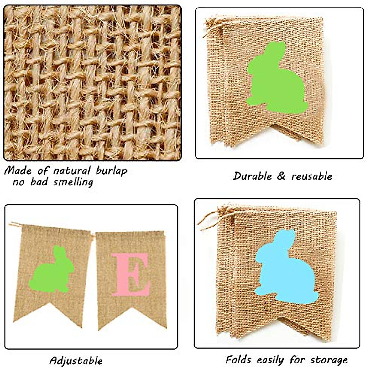 Easter Burlap Garland Banners, Rabbit Bunny Burlap for Easter Decorations Home Office School Outdoor Party Supply