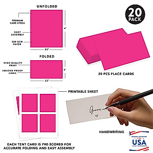 Andaz Press Table Tent Printable Place Cards, Fuchsia 20-Pack, Seat Placement Cards Blank Place Cards For Table Settings Name Cards for Baby Bridal Wedding Shower, School Graduation Food Cards