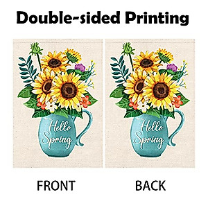 WODISON Hello Spring Summer Garden Flag Floral Sunflower Vase 12×18 Inch Double Sided Vertical Flag Burlap for Outside House Outdoor Decoration Banner (ONLY FLAG)