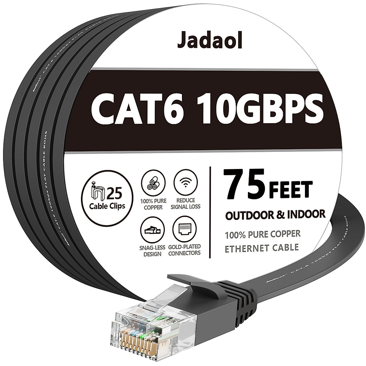 Cat 6 Ethernet Cable 75 ft, Outdoor&Indoor, 10Gbps Support Cat8 Cat7 Network, long Flat Internet LAN Patch Cord, Cat6 Solid Fast Speed weatherproof Cable for Router, Modem, PS4/5, Xbox, Gaming, Black