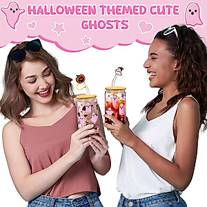 Yetene 17 oz Pink Ghost Halloween Cup 4 Pcs Straw Cover Ghosts Glass with Bamboo Lid Glass Straw Cute Spooky Iced Coffee Cup Smoothie Can Cup Halloween Gifts for Women Teens
