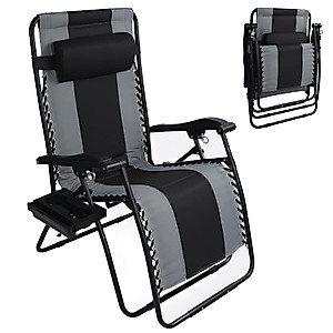 Piamomso Oversize Zero Gravity Chair with Cup Holder,Folding Recliner Lawn Zero Gravity Lounge Chair with Headrest, Grey & Black
