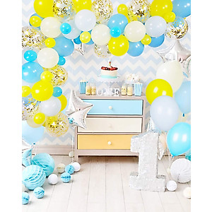 Pooh Bear Balloon Arch & Garland Kit, 70 Pack 12" 5" Yellow Blue Latex Balloons Gold Confetti Balloon Strip Set for Baby Shower Kids Birthday Party Decorations Bachelorette Weeding Party Supplies