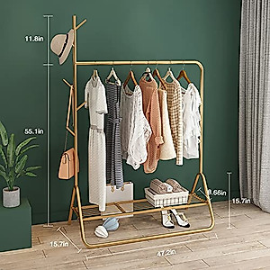 HKaikzo Gold Clothes Rack, Clothing Rack for Hanging Clothes, Boutique Garment Rack with Detachable Storage Shelves and Hat Hooks, for Bedroom Cloakroom (47.3" L)