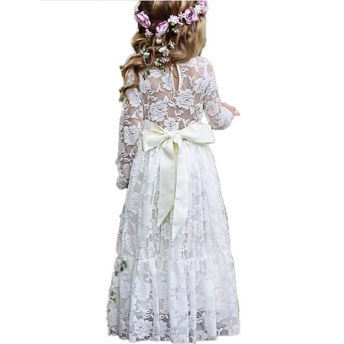 Toddler Flower Girl Fancy Ivory White Lace Boho Long Sleeve Full Length Slim Maxi Princess Dresses 4T