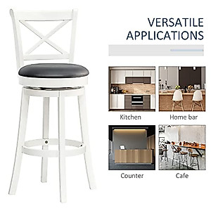 HOMCOM Traditional Bar Height Bar Stool, 31 Inch Seat Height Barstool, Swivel PU Leather Upholstered Chair, with Cross Back and Rubberwood Frame, Set of 2, Cream White