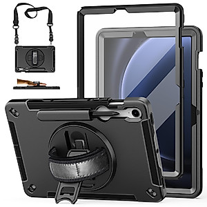 Case for Galaxy Tab S9/S9 FE 5G 2023: TPU Cover for Samstng Tablet S9 11" /S9 FE 10.9" with Screen Protector- Stand- Handle-Shoulder Strap-S-Pen Holder- Black