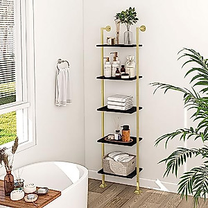 Axeman 5-Tier Ladder Bookcase, Tall Narrow Bookshelf for Small Spaces, Modern Book Storage Organizer Case Open Shelves for Bedroom, Living Room, Office, Library, Gold Metal Frame and Black Shelf