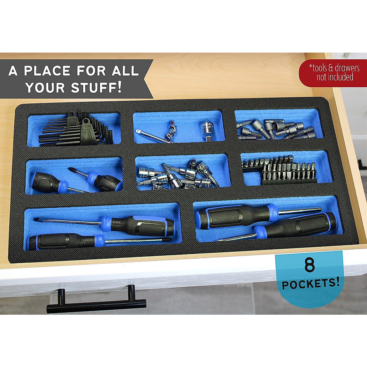 Polar Whale Tool Drawer Organizer Insert Blue and Black Durable Foam Strong Non-Slip Anti-Rattle Bin Holder Tray 20 x 10 Inches 8 Pockets Fits Craftsman Husky Kobalt Milwaukee and Many Others