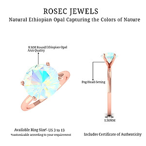 Natural Ethiopian Opal Engagement Ring, AAA Quality, Rainbow Opal 8mm Round Shape Engagement Ring - With Jewelry Box, 14K Rose Gold, Size:US 8.50
