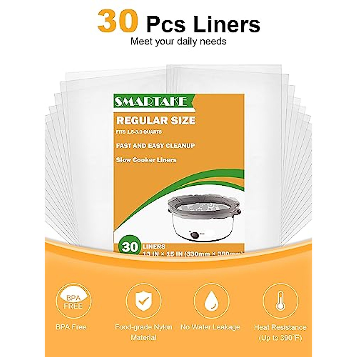 SMARTAKE Slow Cooker Liners, Crock Pot Liners 13"x 15" Crockpot Liners Disposable, Crockpot Bags Liners Small Size Fit 1.5QT to 3QT for Slow Cooker, Crockpot, Cooking Trays, 30 Liners