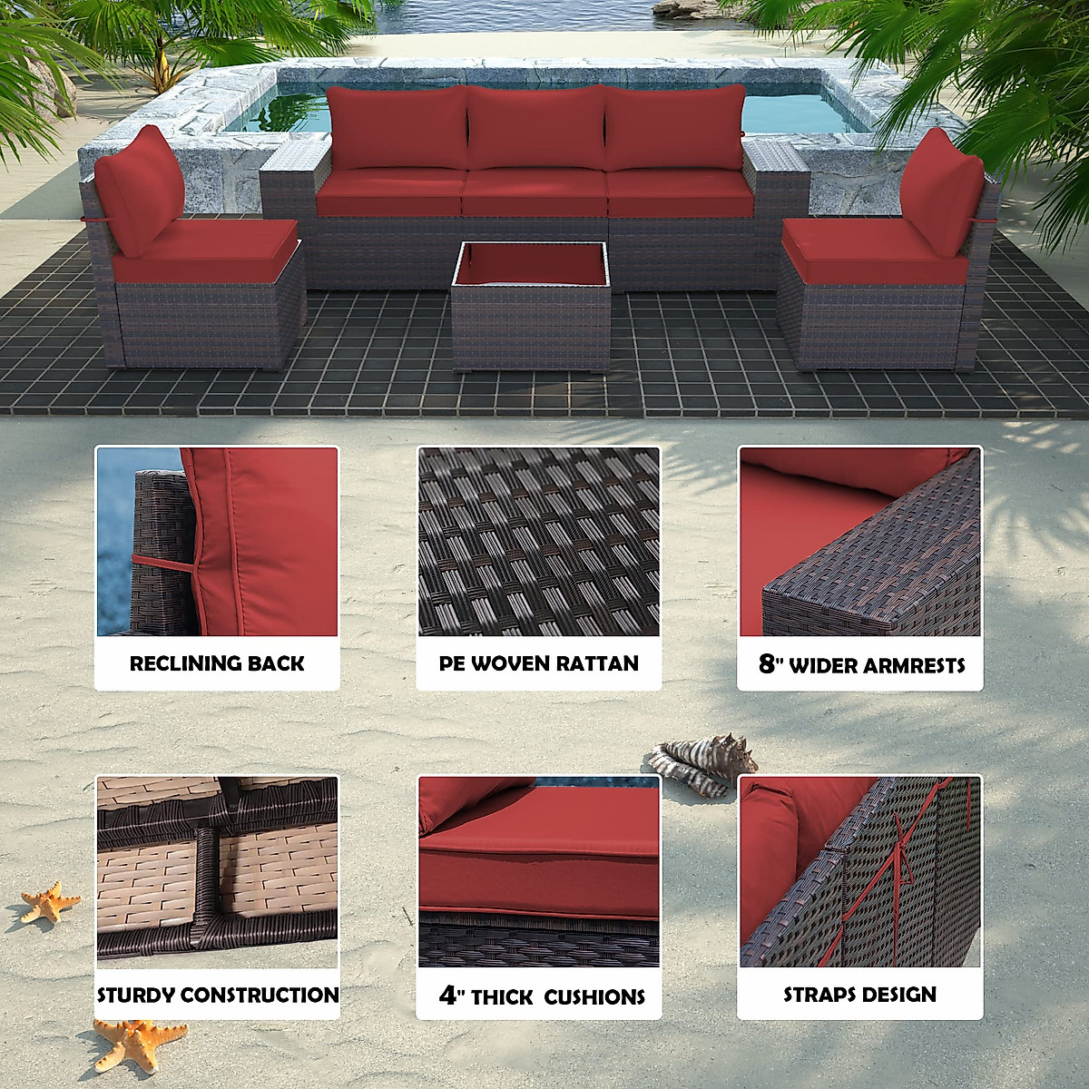 Gotland Outdoor Patio Furniture Sets 6 Piece Patio Sectional Furniture All-Weather Outdoor Patio Sofa PE Wicker Backyard Deck Couch Conversation Chair Set with Table & 5 Red Thickened Cushions