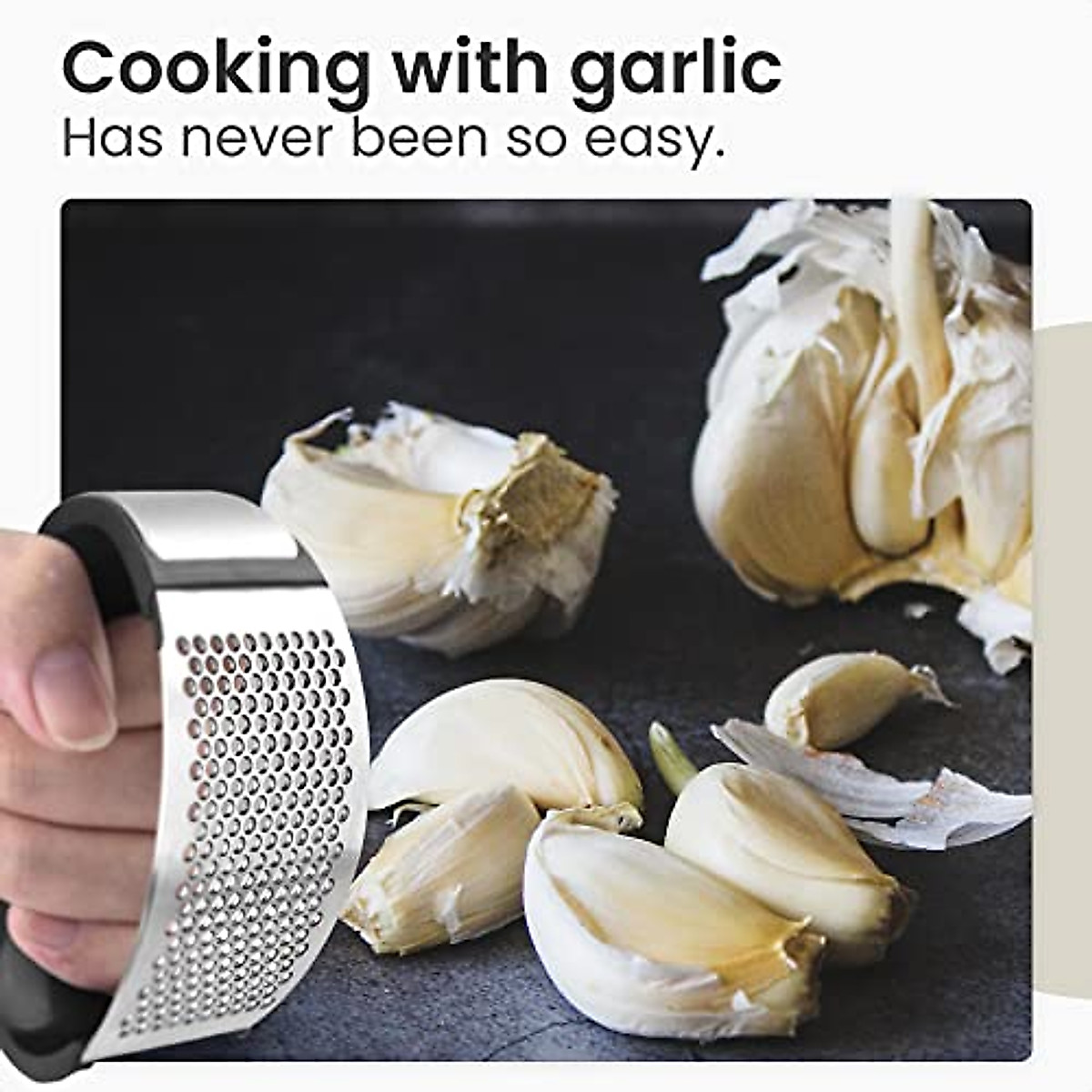 Cuisinly® - Garlic Press - Garlic Press Stainless Steel - Garlic Press Rocker - Garlic Chopper - Garlic Crusher - Garlic Mincer - With Free Silicone Garlic Peeler and Cleaning Brush