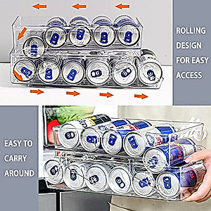 BYFU 2-Tier Foldable Soda Can Storage Organizer Set of 2, Automatic Rolling Plastic Beverage Can Dispenser, Clear Stackable Can Drink Holder Bin for Refrigerator Pantry Kitchen Countertop Cabinet
