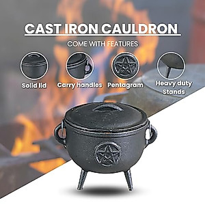Cast Iron Cauldron with Lid and Carry Handle for Spells, Smudging, Ritual & Blessings | Includes 6 Free Incense Smudge Cups (4.5 Inch, Pentagram)