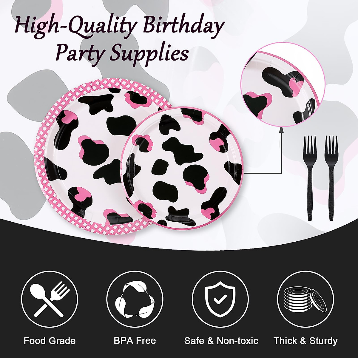 Cow Print Party Supplies 96Pcs, HYMENEX Pink Cow Theme Party Tableware Supplies Set Include Plates, Napkins, Forks for Cow Print Party Decorations Cow Theme Farm Animal Party Supplies Serves 24 Guests