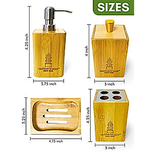 AESTHETICALLY RUSTIC HOME | 5 PC Bathroom Accessories Set Natural Bamboo | Includes Handwash Dispenser Toothbrush Holder Cotton Swab Box Bar Soap Holder & Holding Tray