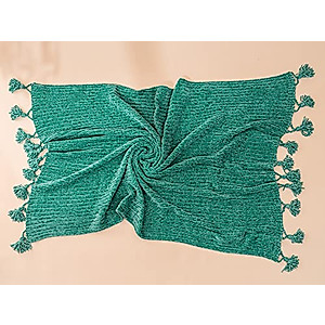 RECYCO Chenille Knit Throw Blanket for Couch, Super Soft Cozy Throw Blankets with Tassels, Thick Striped Knitted Blankets for Sofa Chair Bed Living Room, Turquoise, 50" x 60", Laundry Bag Included