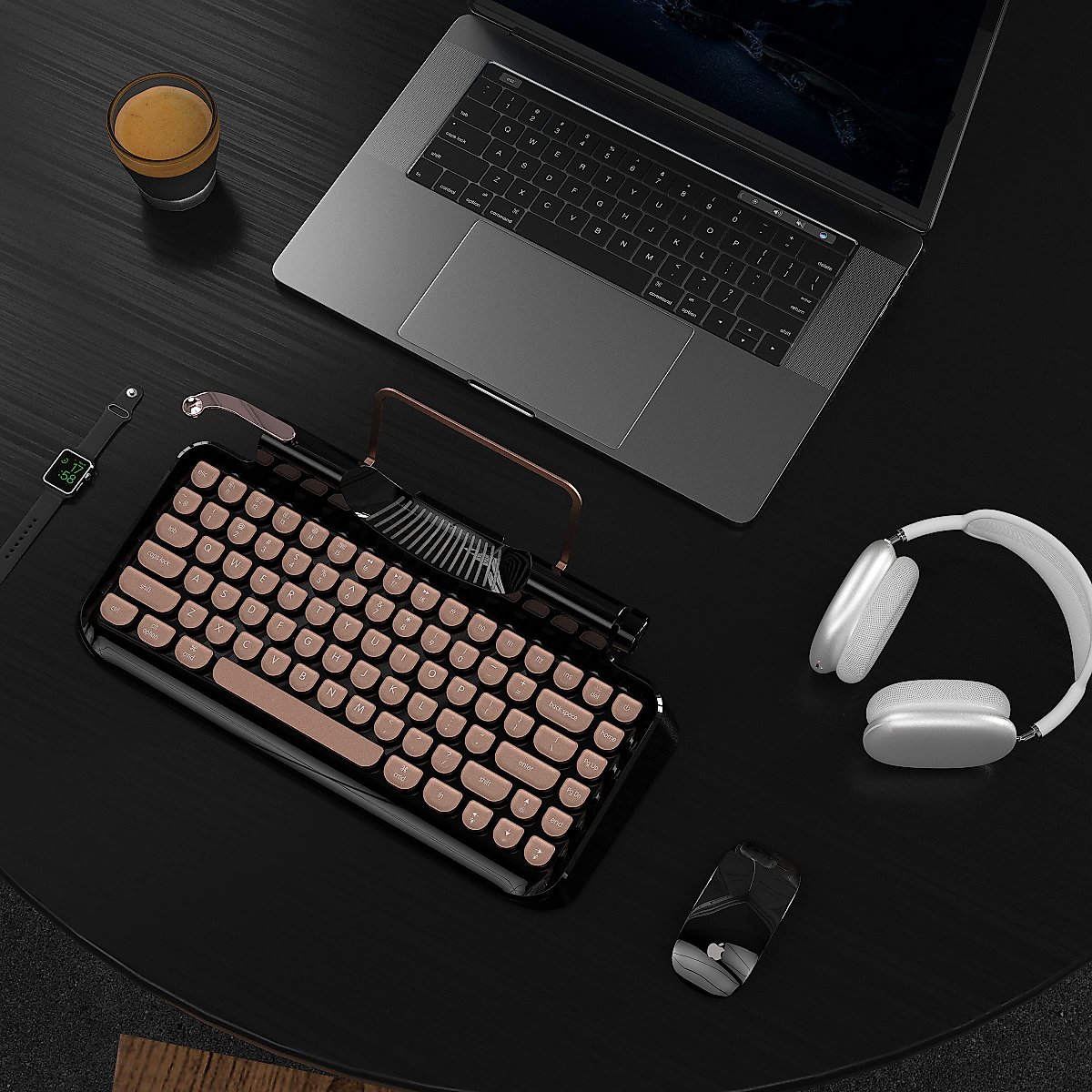 fotorkit Rymek Classic Typewriter Style Mechanical Keyboard USB Wired& Bluetooth Wireless Keyboard with Tablet Stand and RGB Dynamic Backlit Windows Mac iOS Android Supported-knewkey