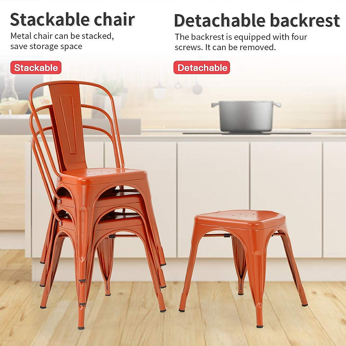 XXkseh Metal Dining Chairs Set of 4 Patio Chairs Restaurant Chair 18 Inch Seat Height Indoor Outdoor Chairs Tolix Style Bar Chairs Side Metal Stackable 330LBS Weight Capacity, Orange