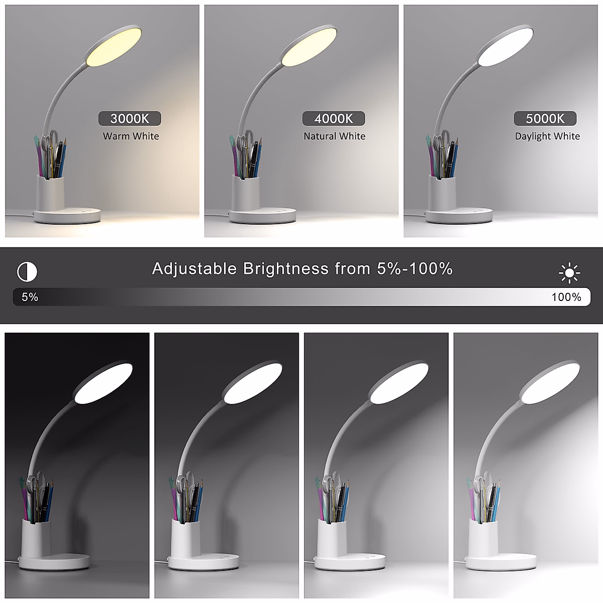 Vicsoon Desk Lamp, LED Desk Lamp for Home Office, Touch Table Lamp with 3 Color Modes 360° Adjustable Arm, Dimmable Desk Light with Pen Phone Holder, White