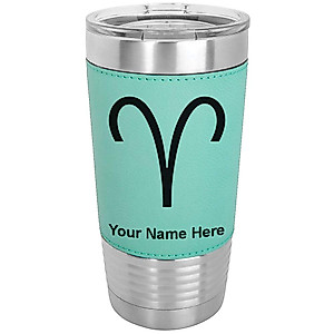 LaserGram 20oz Vacuum Insulated Tumbler Mug, Zodiac Sign Aries, Personalized Engraving Included (Faux Leather, Teal)