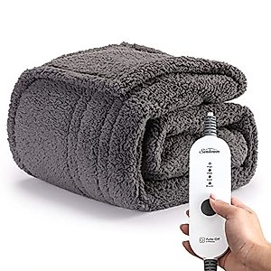 Sunbeam Royal Sherpa Dove Grey Heated Personal Throw / Blanket, Warming Foot Pocket, Cozy-Warm, Adjustable Heat Settings