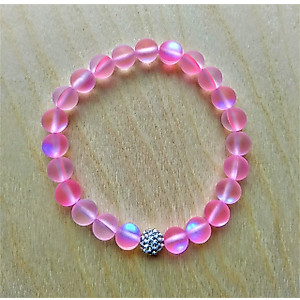 Hope Inspired Mystic Mermaid Glass Bracelet with 8 mm Pink Dazzling Moonstone Beads