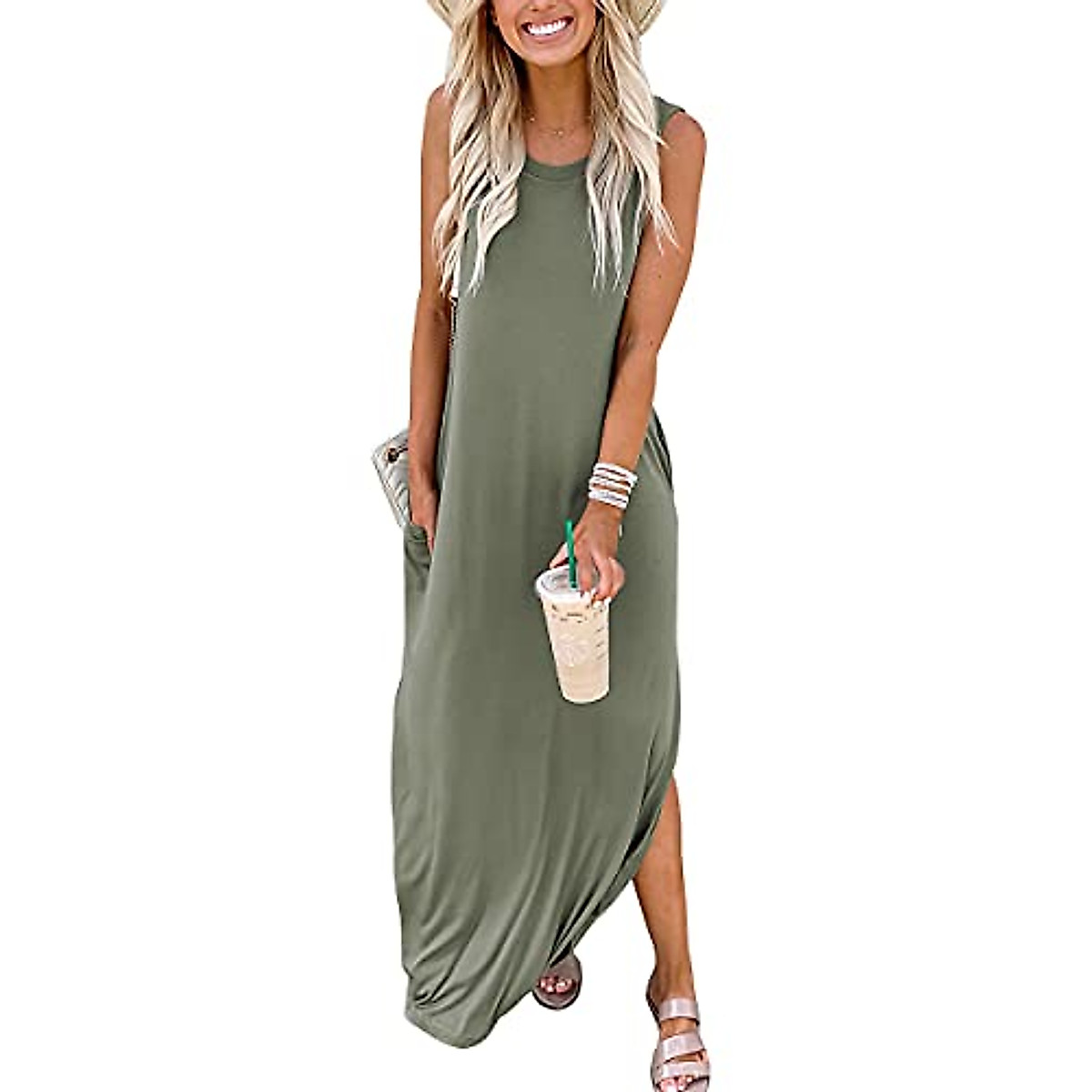 ANRABESS Women Dresses Sleeveless Split Long Maxi Beach Dress for Beach with Pockets A19ganlanlv-M Olive