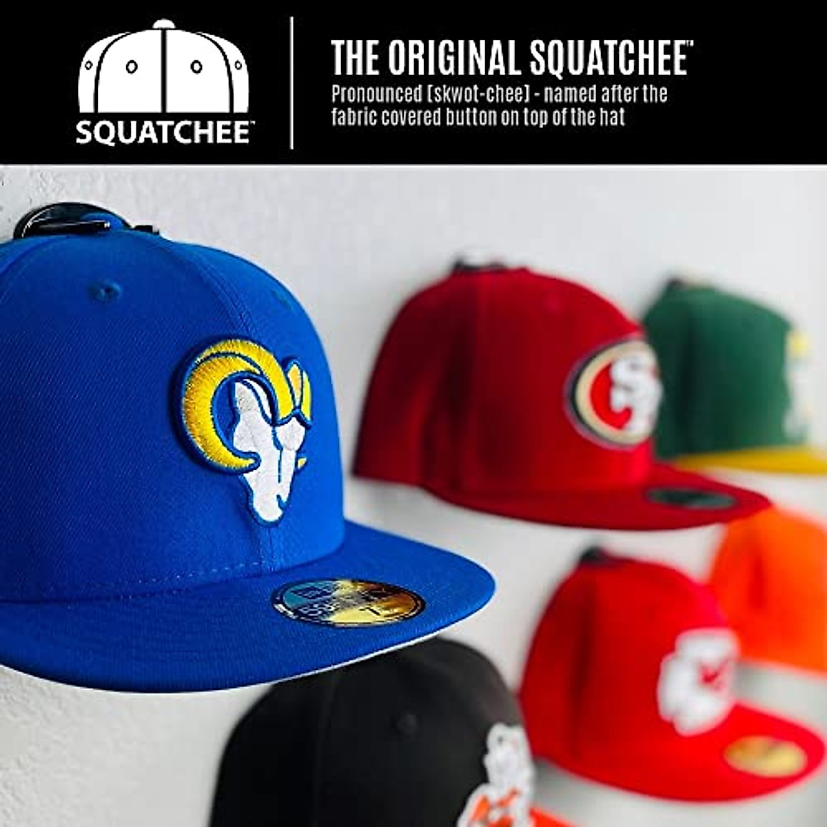 Squatchee Premium Adhesive Hat Hooks for Wall (5-Pack) | Hat Rack for Baseball Caps | Hat Display Holders | Hat Hangers for Closet & Doors | Hat Organization & Storage | Patented Design | Black