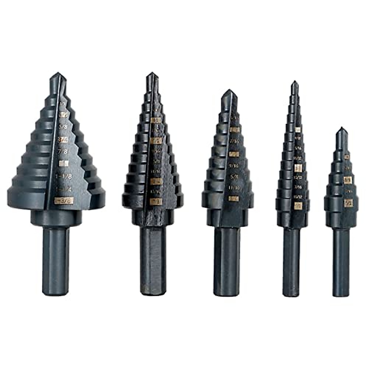findmall 5Pcs Step Drill Bit Set 50 Sizes 1/8-1-3/8 Inch M2 High Speed Steel Black Oxide Step Drill Bit Fit for Electrical Plumbing and DIY Lovers