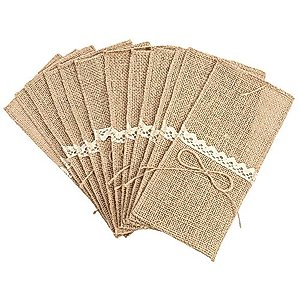 Topmodehome Burlap Cutlery Holders Lace Utensil Pouch Knifes Forks Bag for Vintage Natural Wedding (4x8inch, Rope Bow)