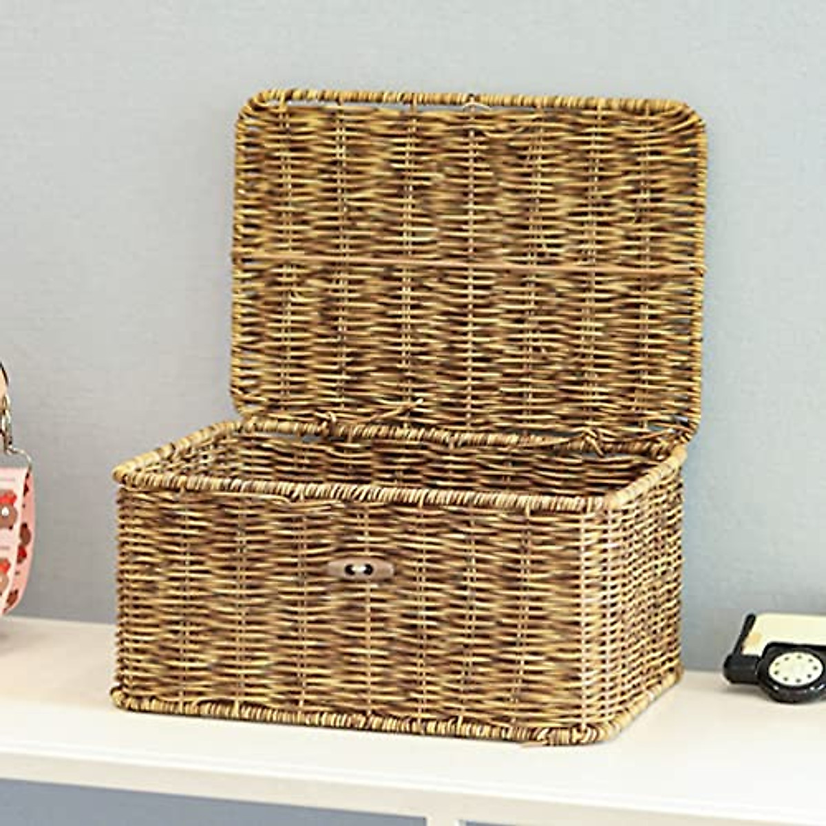 Zerodeko Wicker Storage Basket Rattan Storage Basket with Lid Rectangular Makeup Organizer Container Woven Shelf Baskets Wicker Storage Bins for Organizing Groceries Closet Laundry Room