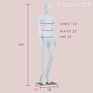 Female Mannequin Full Body 69" High Adjustable Realistic Manikin Torso with Metal Base for Display Women, Plastic Head Turns Poseable Mannequin Stand, White
